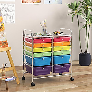 12 Drawers Rolling Storage Cart, Multipurpose Storage Organizer Cart with Lockable Casters, Mobile Utility Cart for Garage Office Home Kitchen (Rainbow+Clear)
