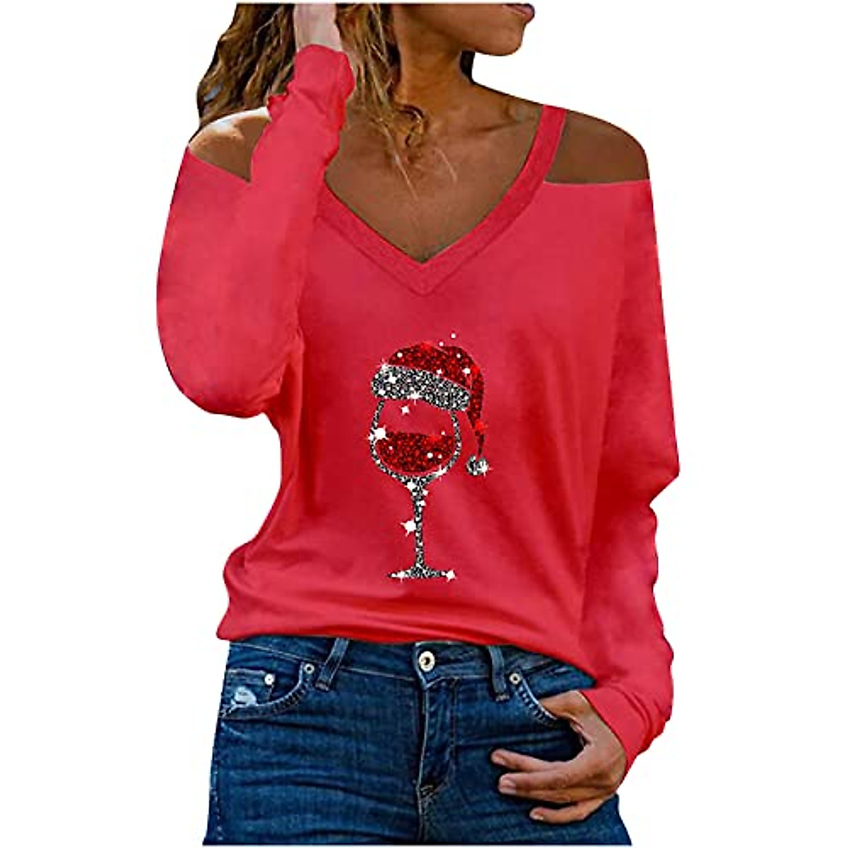 Womens Tops 2023 Fashion Sudadera de otoño para Mujer 2023 Camisa con Estampado de Mariposa navideña Camisetas Blusa de Manga Larga Shirts Q1-Red Large