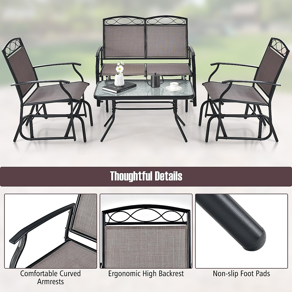 Giantex 4 PCS Outdoor Glider Chairs Set - Patio Furniture Set with Tempered Glass Table, Heavy-Duty Metal Frame, Gliding Rocking Chair, Conversation Set for Front Porch, Yard, Poolside (4 PCS, Brown)