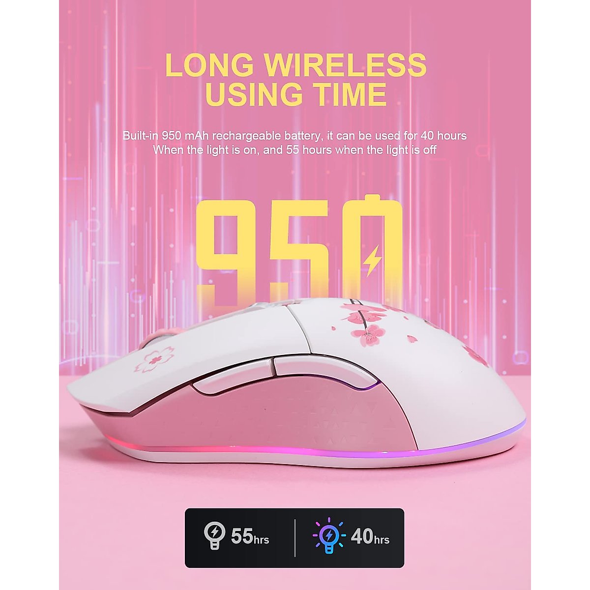 DAREU Sakura Pink Wireless Wired Gaming Mouse, Dual-Mode Rechargeable 7 Programmable Buttons,10K DPI,RGB and 7 Adjustable DPI Levels up to [150IPS] [1000Hz Polling Rate] for PC Notebook Mac