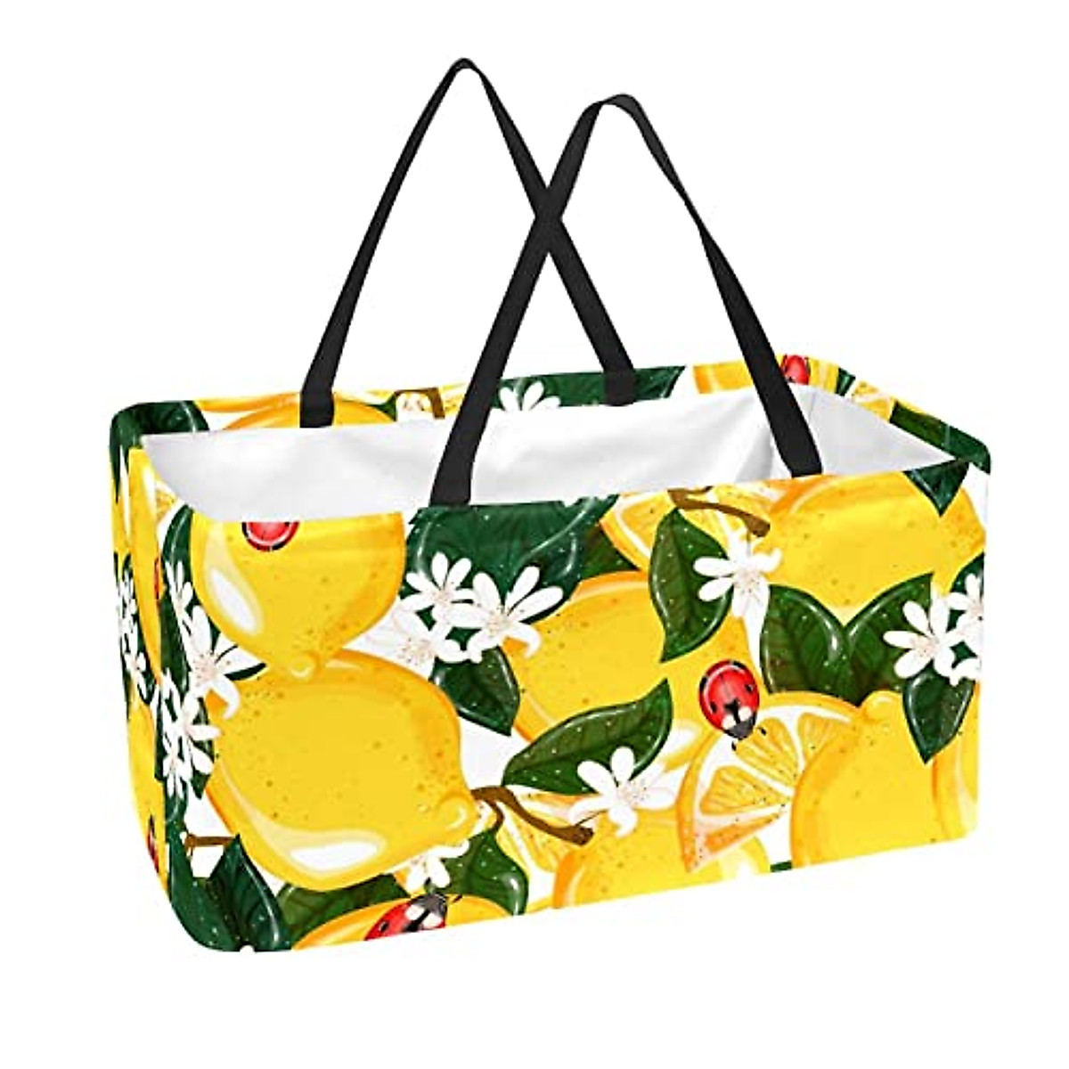 RATGDN Reusable Grocery Bags Yellow Lemons Ladybug Foldable Washable Large Storage Bins Basket Shopping Tote Bag