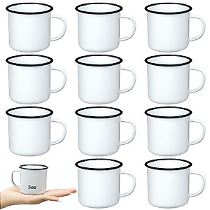 Yinder 12 Pcs Mini Enamel Camping Coffee Mugs 5 oz Metal Small Classic Portable White Campfire Mugs Bulk Vintage Cups with Handle for Coffee Tea Picnic Travel Indoor Outdoor Activities