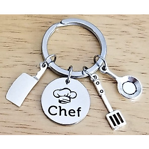 Kit's Kiss Chef Keychain Chef Gift Cooking Spatula Frying Pan Kitchen Knife Chef Hat Charms Culinary Graduation Gift, Silver, Diameter of Key Ring: 1.2 inches (3 cm)