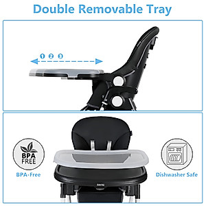 Kinder King High Chair for Babies & Toddlers, Simple Fold Highchair w/Large Storage Basket, Adjustable Height, Recline & Footrest, Detachable Double Trays, PU Cushion, Easy to Move & Clean, Black