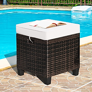 BETTARY 2PCS Patio Outdoor Ottomans, Rattan Wicker Ottoman Seat w/Removable Cushions, Rattan Footstool Footrest Seat Set, Patio Wicker Furniture Small Chair for Home,Patio, Garden, Backyard (Cream)