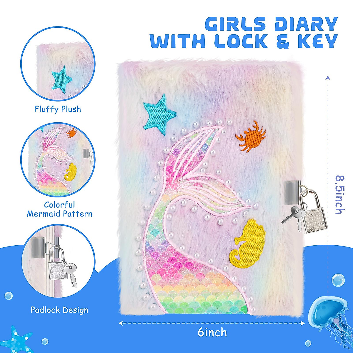 homicozy Mermaid Diary for Girls with Lock and Keys,Tie-Dye Fuzzy Journal for Kids with 160 Lined Pages,Fluffy Secret Notebook for Writing and Drawing,Gifts for Girls Over 3 Years Old,Pink