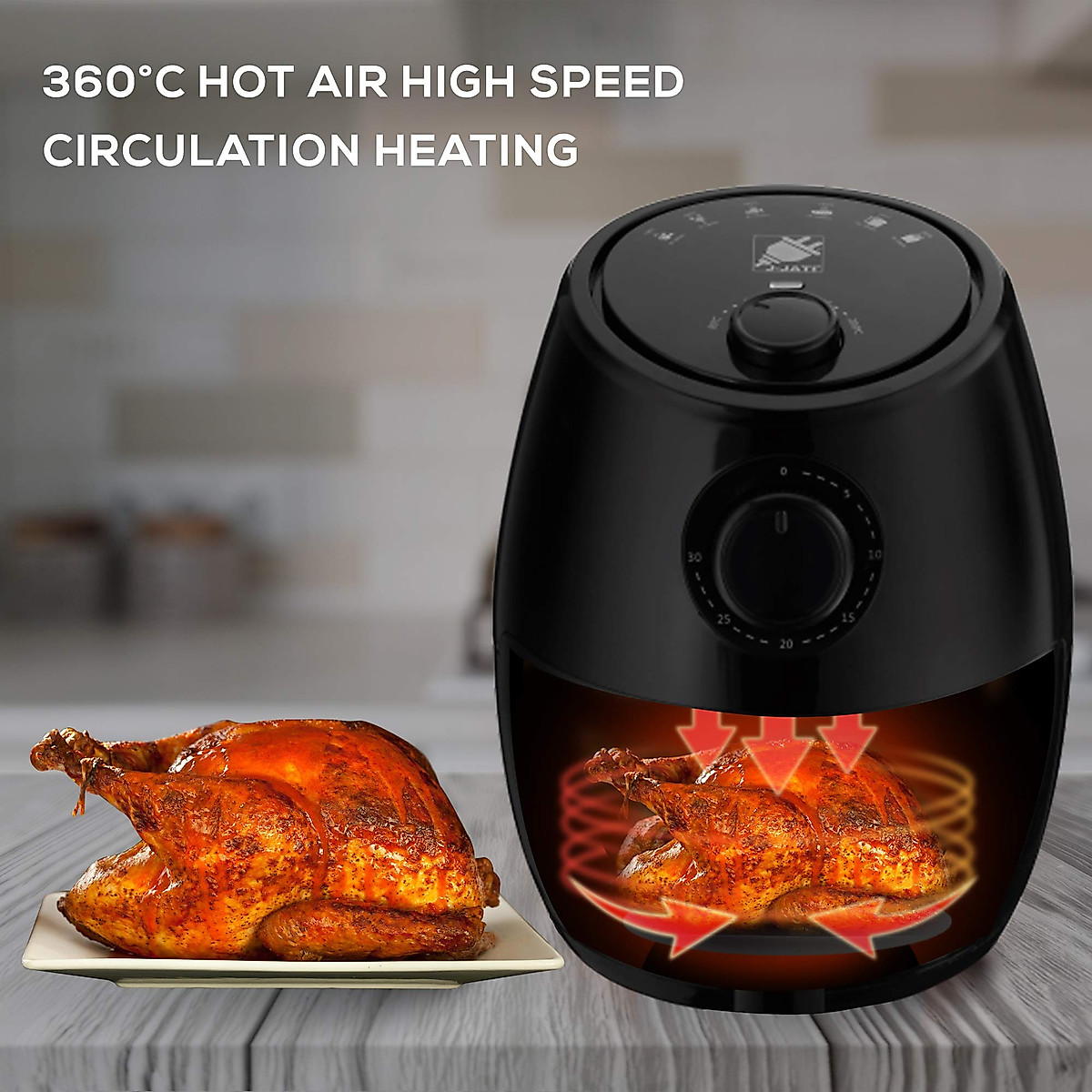 J-Jati Air Fryer Cool Touch Housing Dial/Digital Hot Air Healthy Frying Oil-Free AirFryer Auto Shutoff, Dishwasher safe parts, Space Saving Black (2.0L)
