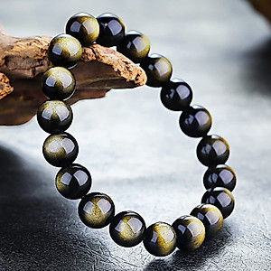 YANYUNZHUBAO Natural Black Obsidian Bracelet Healing Crystals Jewelry Volcanic Rock Stone Ward Off Evil Spirits (Gold, 10MM)