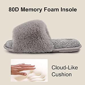 LongBay Women's Fuzzy Faux Fur Memory Foam Cozy Flat Spa Slide Slippers Comfy Open Toe Slip On House Shoes Sandals (Medium / 7-8, Gray)