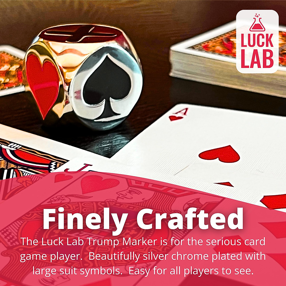 Luck Lab Premium Trump Marker/Indicator - for use with Euchre, Pinochle, Bridge and More - Comes with Black Velvet Storage Bag. (Silver)