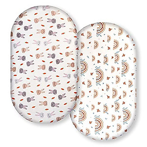 Pack and Play Sheets 2 Pack Stretchy Pack N Play Sheets with Elastic Band, Portable Mini Crib Sheets Fitted Most Standard Size Crib Mattress, Soft and Breathable Material(Rainbow and Rabbit)