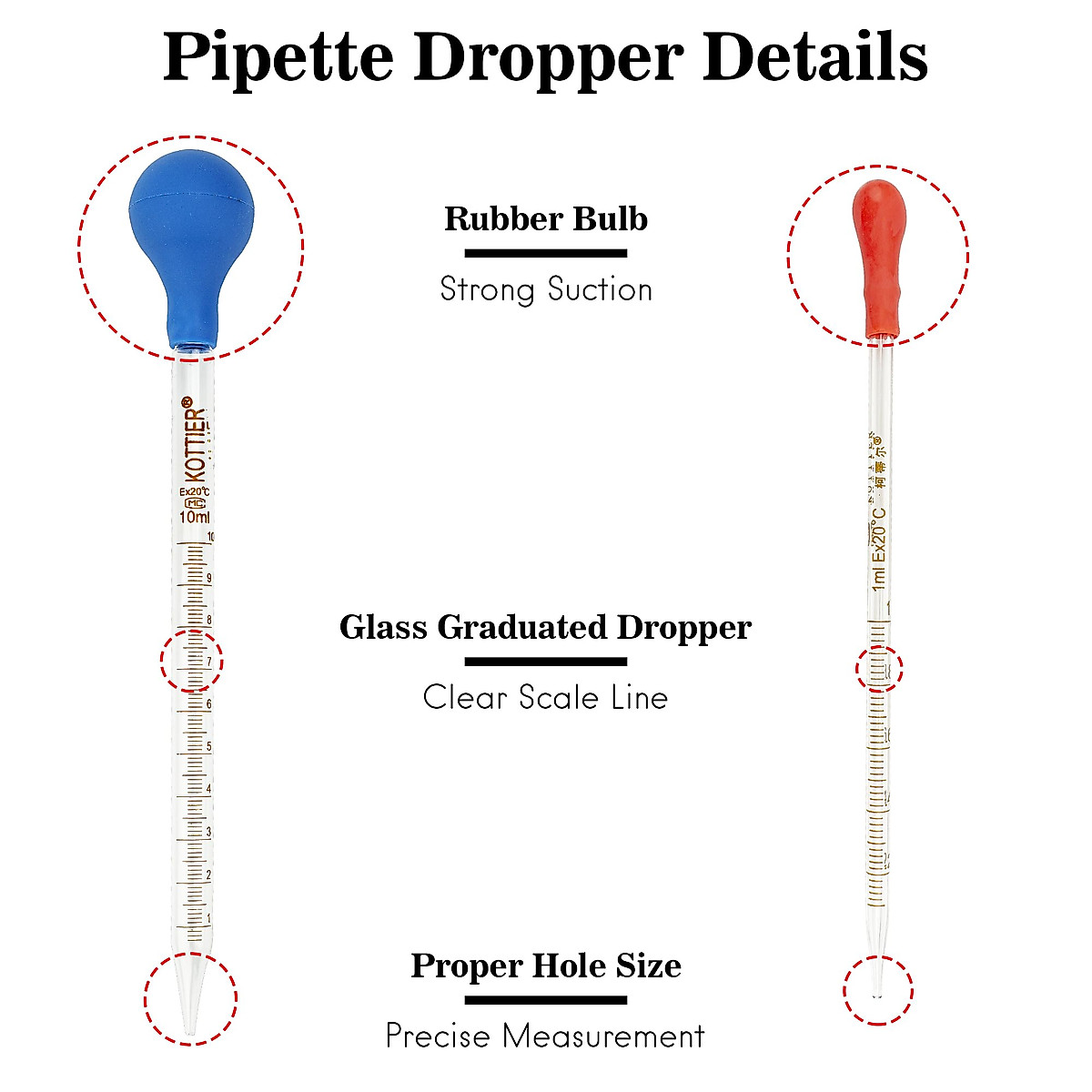 6Pcs Glass Pipettes Dropper, 1ml 2ml 3ml 5ml 10ml Graduated Liquid Dropper, with Rubber Bulb and Cleaning Brush, Transfer Pipettes for Essential Oil