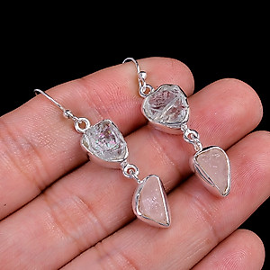 925 Sterling Silver Drop Earrings, Natural Raw Aquamarine Rose Quartz Gemstone Women Gift Jewelry RSE1003