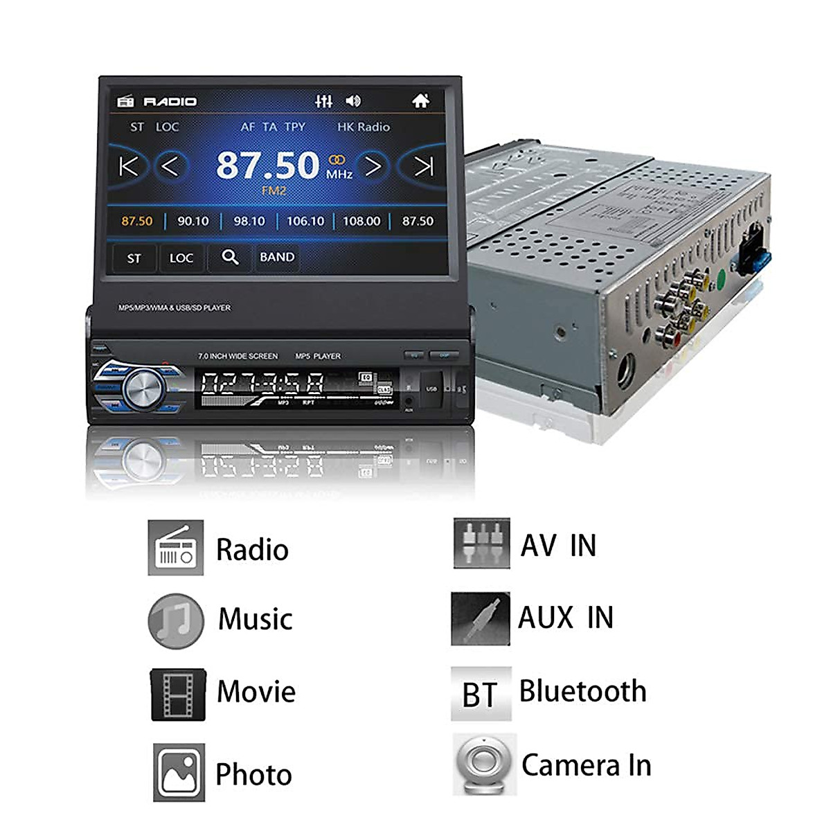 Car Stereo in Dash Single DIN 7 Inch HD Flip Out Touch Screen Radio GPS Head Unit Support Bluetooth Hands-Free GPS Navigation Mirror Link FM USB SD MP5 with Backup Camera Built-in Microphone UNITOPSCI