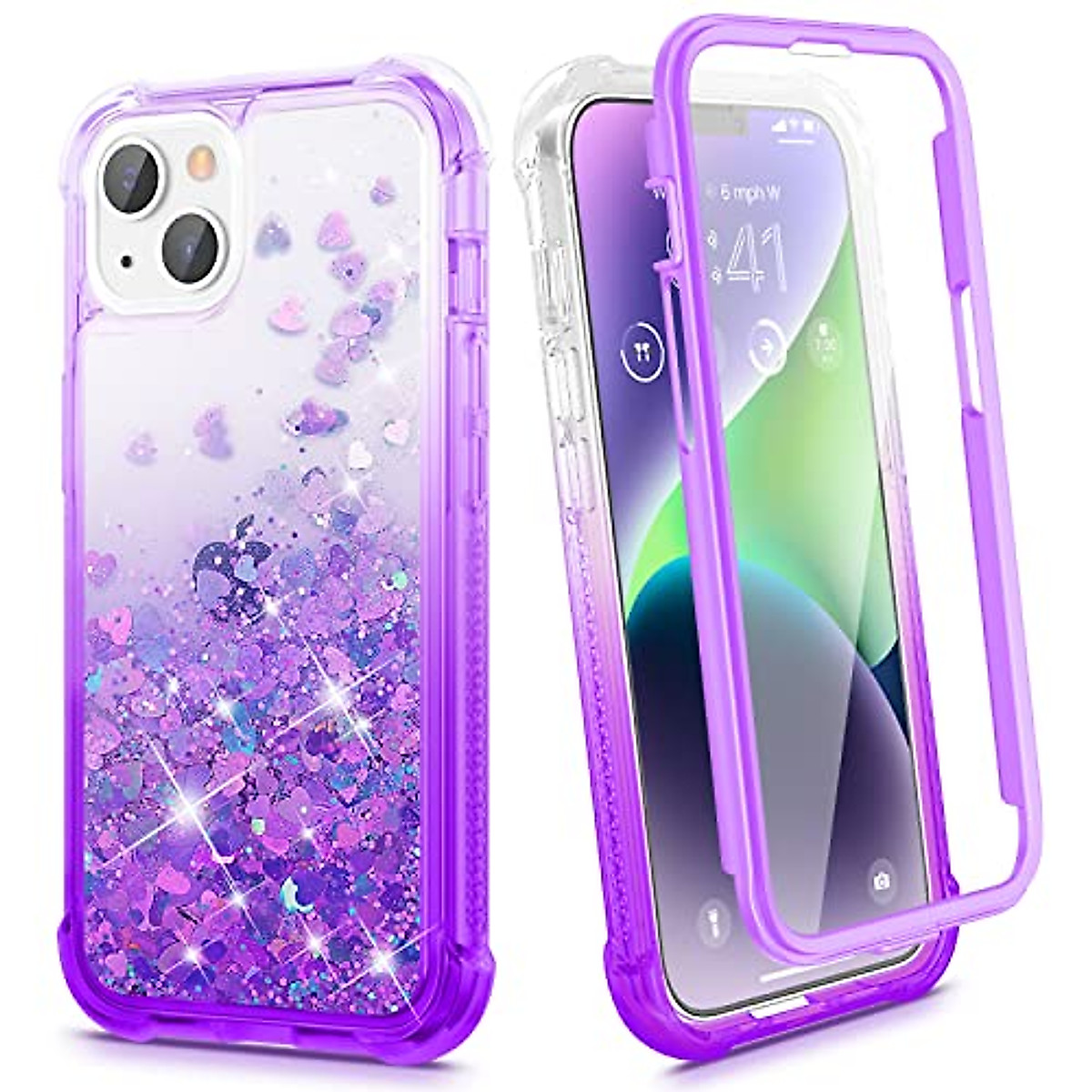 Ruky Case for iPhone 14, Full Body Glitter Liquid Rugged Cover with Built-in Screen Protector Soft TPU Protective Girls Women Phone Case for iPhone 14 6.1 & iPhone 13 6.1 ”, Gradient Purple