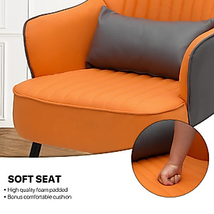 MoNiBloom Accent Chair for Living Room with Lumbar Pillow, Leatheraire Comfy Bedroom Chair Occasional Chair Single Lounge Sofa, Orange/Gray Contrasting Colors Upholstered Club Chair w/Metal Legs