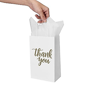 DjinnGlory 50 Pack Small White Thank You Paper Gift Bags with Handles and 24 Sheets Tissue Paper for Small Business, Shopping, Wedding, Baby Shower, Party Favors (Small 9''x5.5''x3.15'', White)