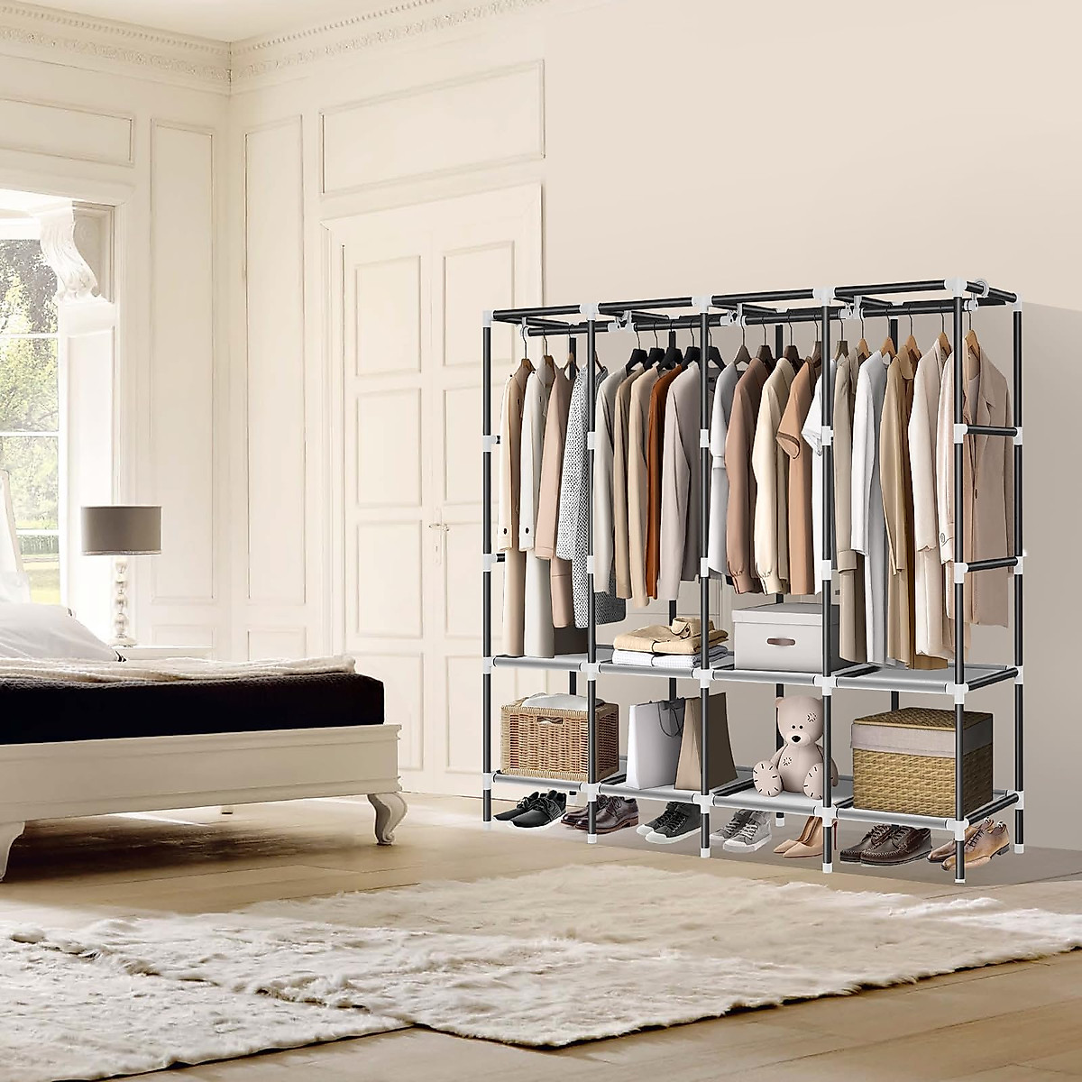 LOKEME Portable Closet，19mm Diameter Portable Closets for Hanging Clothes，Black Closet with 4 Hanging Rods and 8 Storage Shelves，Non-Woven Fabric，Easy to Assembly，67.9x18.4x70.8 Inches