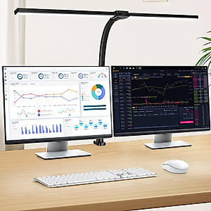 31.5" LED Desk Lamp for Home Office, 24W Ultra Bright Double Head Architect Lamp with Clamp, 5 Colors Stepless Dimming Flexible Gooseneck, Eye Caring Computer Desk Light for Monitor Work Study Reading