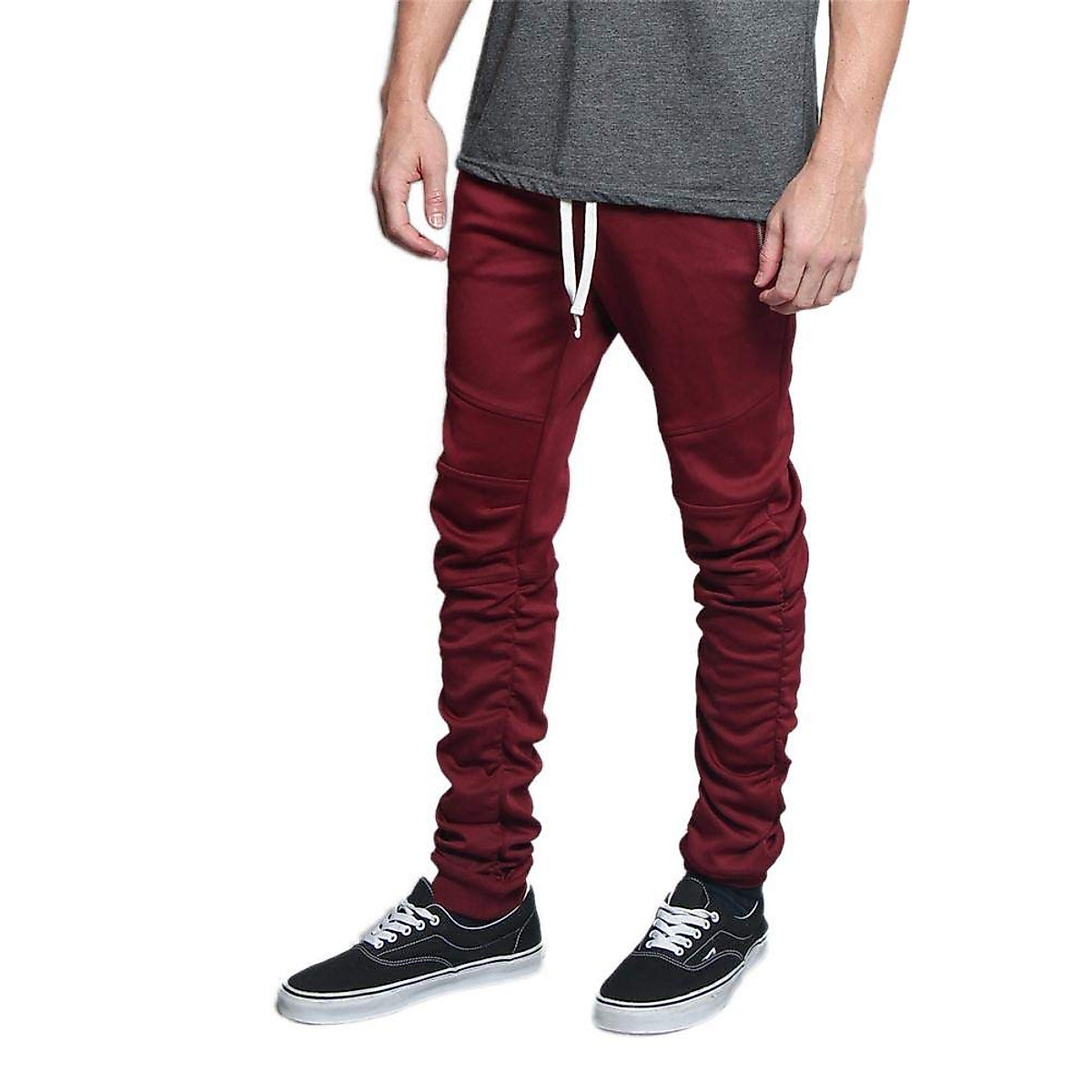 Men's Scrunched Bungee Calf Solid Color Sectional Knee Drawstring Premium Track Pants TR547 - Burgundy - 4X-Large - GG8E