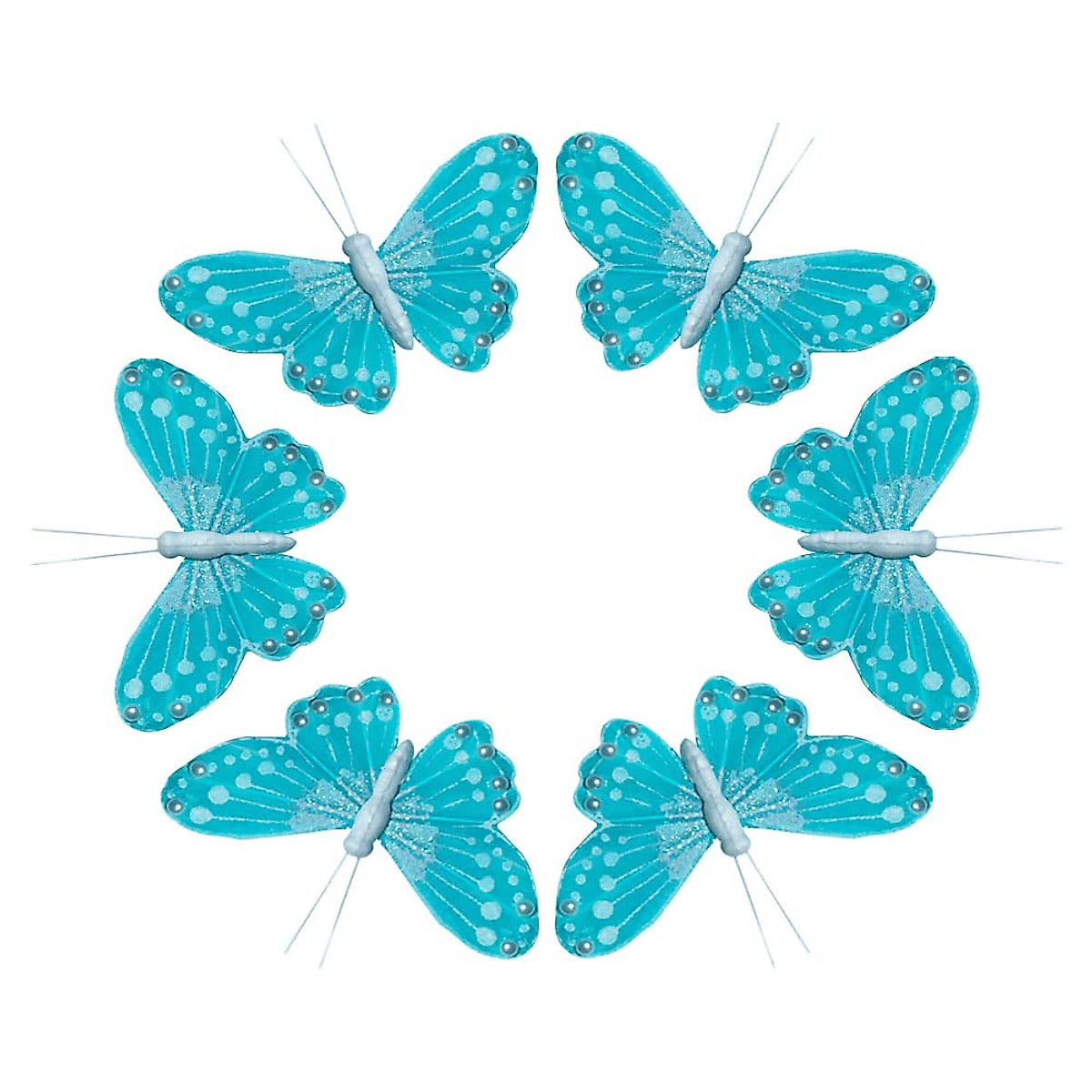 3D Teal Butterfly Wall Decor: Set of 6 Real Feather Butterflies Wall Stickers with Pearls for Girls Bedroom Baby Shower Wedding Cake Office Decor Butterfly Wall Decals for Bathroom Boho Living Room