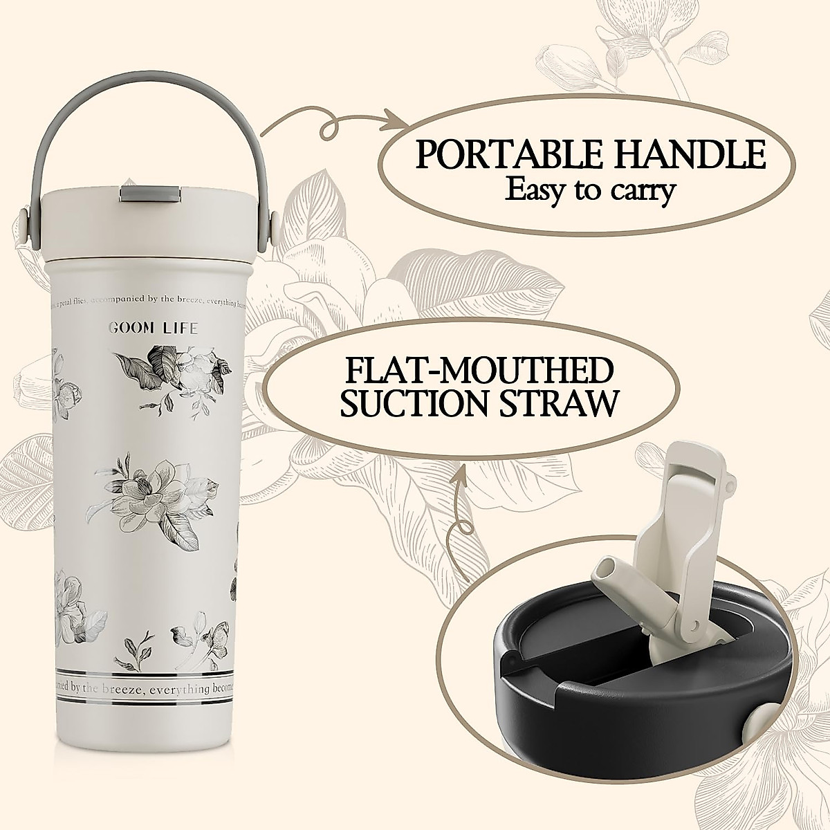 GOOM Graffiti 20oz Tumbler with Lid and Straw,Spill Proof Tumbler with Flip Straw and Top Handle,Tea Infuser,6-Layer Insulation 18/10 Stainless Steel,Cold for 24 Hours,Hot for 12 Hours - Floral White