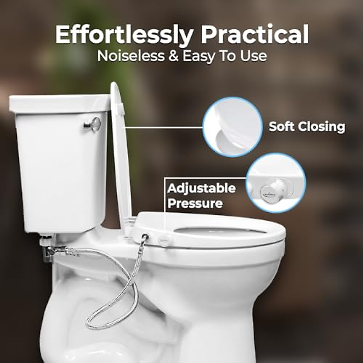 GenieBidet Slow-Close STEALTH ELONGATED Bidet. Dual Nozzles Self Cleaning. Adj. Water Pressure. No Wiring. If you can install a toilet seat you can install this. T adapter & Bottle Bidet included.