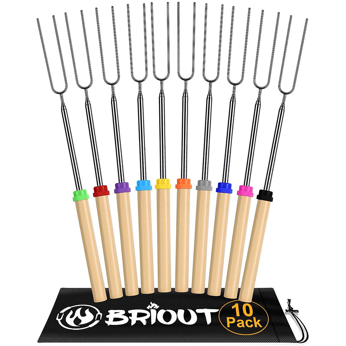Briout Extendable Stainless Steel Roasting Sticks - Smores Sticks for Fire Pit Long 32 Inch, Smore Skewers Hot Dog Fork Campfire Accessories, Camping Essentials for S'mores - 10 Pack