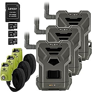SPYPOINT Flex Dual-Sim Cellular Trail Camera 33MP Photos 1080p Videos with Sound and On-Demand Photo/Video Requests - GPS Enabled Freedom Bundle with Lexar 32GB Micro SD Card (3 PK)