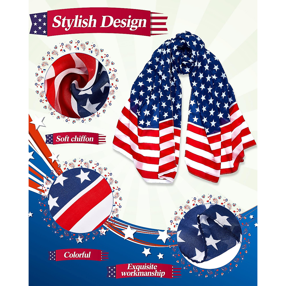Tarpop 2 Pcs American Flag Patriotic Scarf Chiffon US Flag Scarf Long 4th of July Scarf Flag Shawl Independence Day(Bright Style)