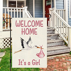 DLZDN Welcome Home Baby Girl Garden Flag Baby Shower Garden Flag 12×18 Inch Double Sided Burlap Flag Newborn Gender Reveal Lawn Yard Sign Stork Outdoor Decoration