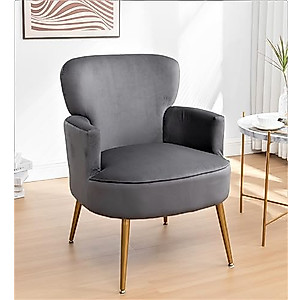 Container Furniture Direct Trendy Velvet Accent Chair with Gold Metal Legs, Upholstered Armchair for Small to Mid-Size Spaces, Modern Living Room, Bedroom, Vanity Desk and Entryway, Medium, Grey
