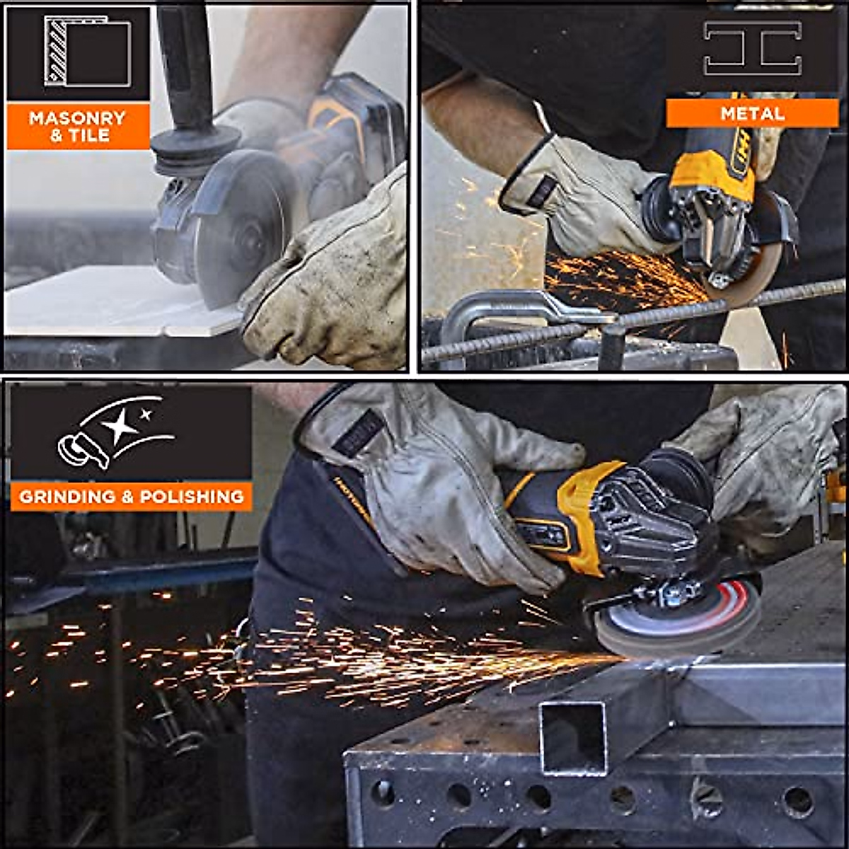 MOTORHEAD 20V ULTRA 4-1/2 inch Cordless Angle Grinder, Lithium-Ion, 10000RPM, 3 Position Handle, Paddle Switch, 2Ah Battery, Quick Charger, Bag, (3) Cutting, Grinding & Polishing Wheels, USA-Based