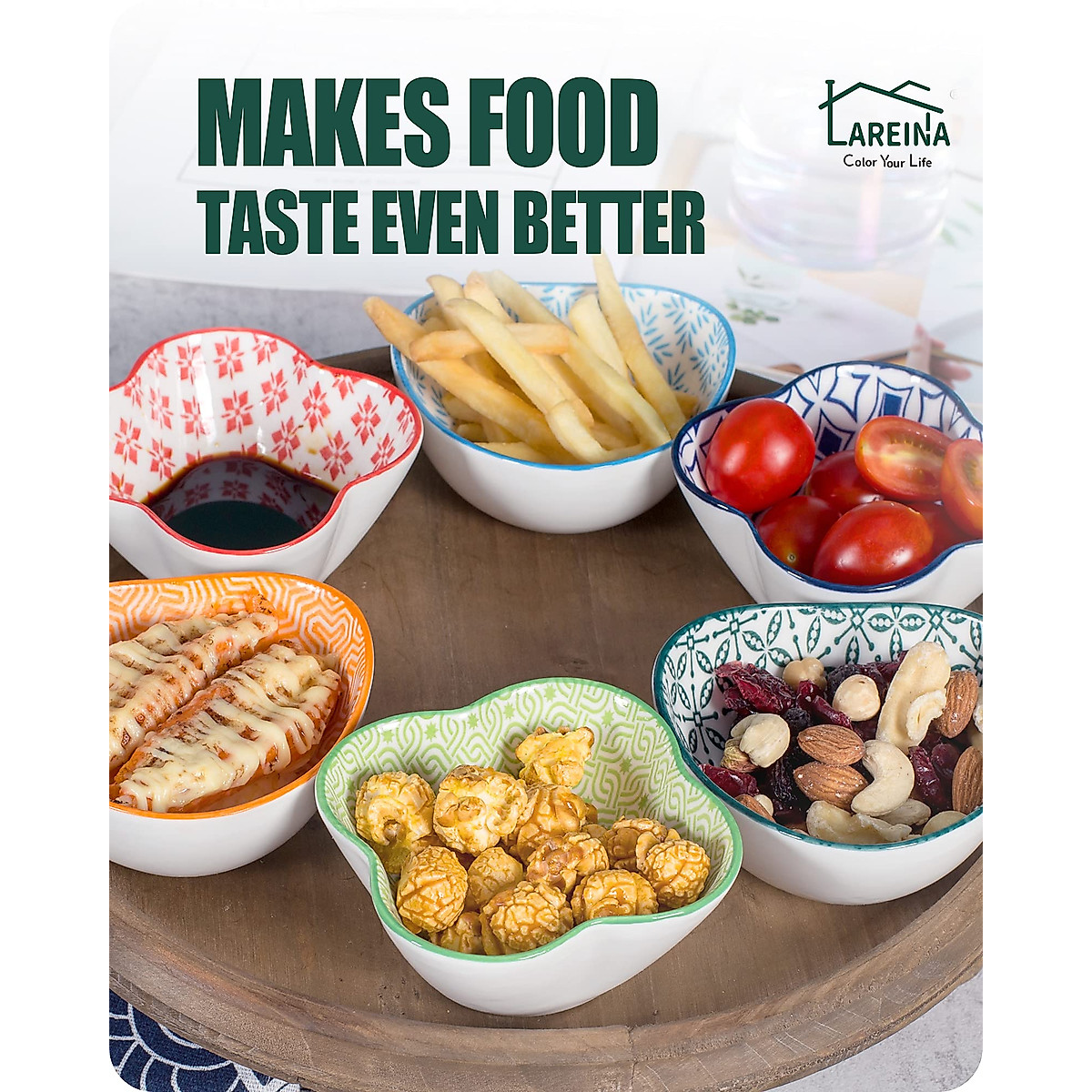 Lareina Soy Sauce Dishes Set of 6, 3 OZ Ceramic Charcuterie Board Bowls, Small Prep Bowls,Elegant Sushi Side Dishes for Ketchup, BBQ, Seasoning, Condiments, Great Housewarming Gifts