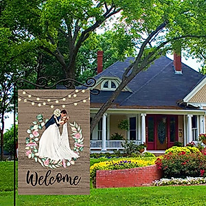 MEFENG Wedding Welcome Garden Flag-Welcome To Our Wedding Courtyard Lawn Rural Decor-Wedding Theme Party Decoration-Bride and Groom Anniversary Holiday Party Yard Outdoor Decorations.12*18 Inch Green