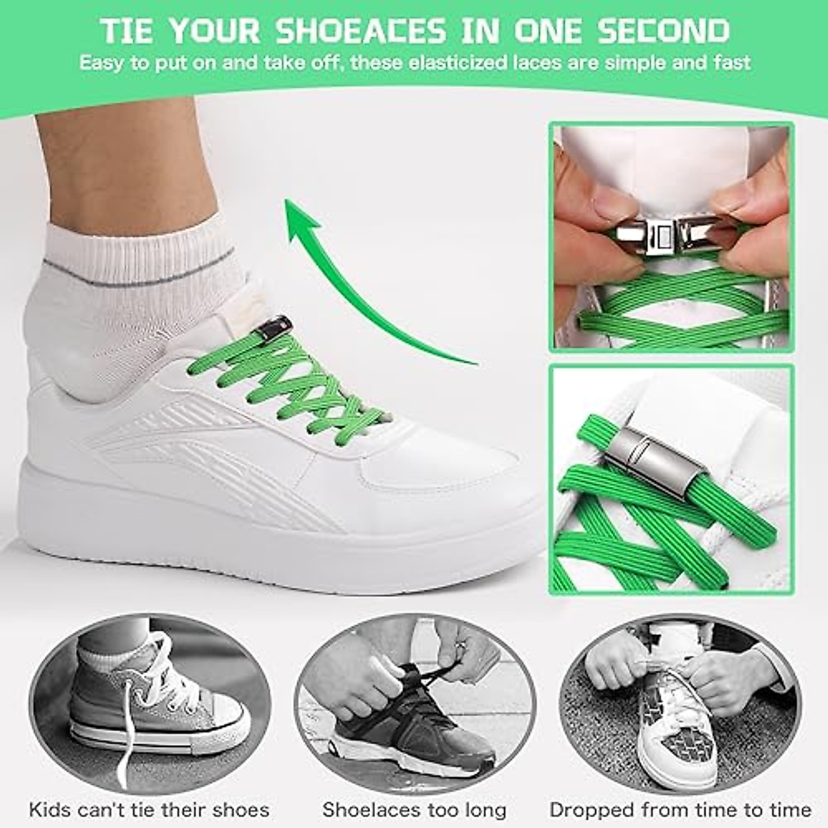 Aiboxin 2 Pairs No Tie Elastic Flat Shoe Laces for Sneakers, Stretch Shoelaces for Kids & Adults, Tieless Shoes Strings