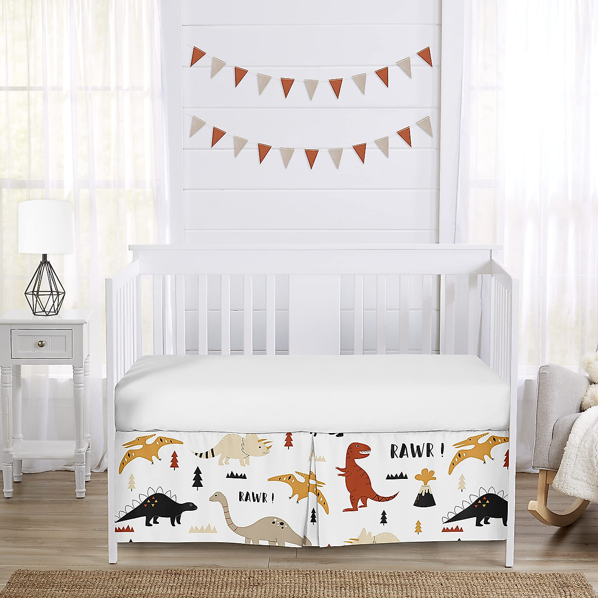 Sweet Jojo Designs Mod Dino Boy or Girl Baby Crib Bed Skirt Nursery Dust Ruffle - Orange, Tan, Rust, Taupe, Mustard Yellow, Beige, Brown and Black Modern Dinosaur Boho Dinosaurs Gender Neutral