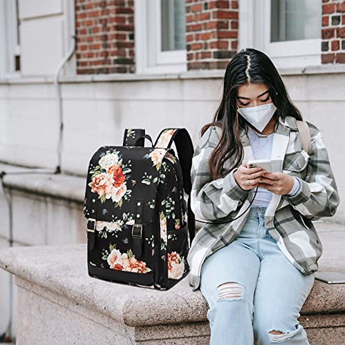 LEDAOU School Backpack for Teen Girls Women Bookbag School Bag 15.6 inch Laptop Backpack Daypack for School Travel (Floral Black-2)