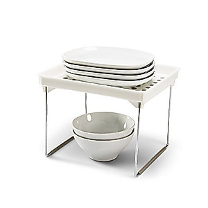 Madesmart Small Stackable Storage Shelf for Cabinets or Counters, Plastic Collapsible Cabinet Shelf for Home Organization, White