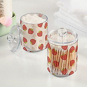 Vnurnrn Clear Plastic Jar Set for Cotton Ball, Cotton Swab, Cotton Round Pads, Floss, Strawberries Bathroom Canisters Storage Organizer, Vanity Makeup Organizer,2Pack