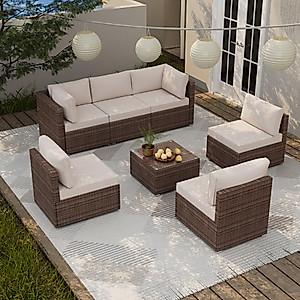 Naga Bahna Patio Furniture Set 7 Pieces Outdoor Sectional Conversation Set, Outdoor PE Wicker Rattan Sofa Set Patio Couches w Anti-Slip Beige Cushions, 2 Pillows for Patio(Brown)