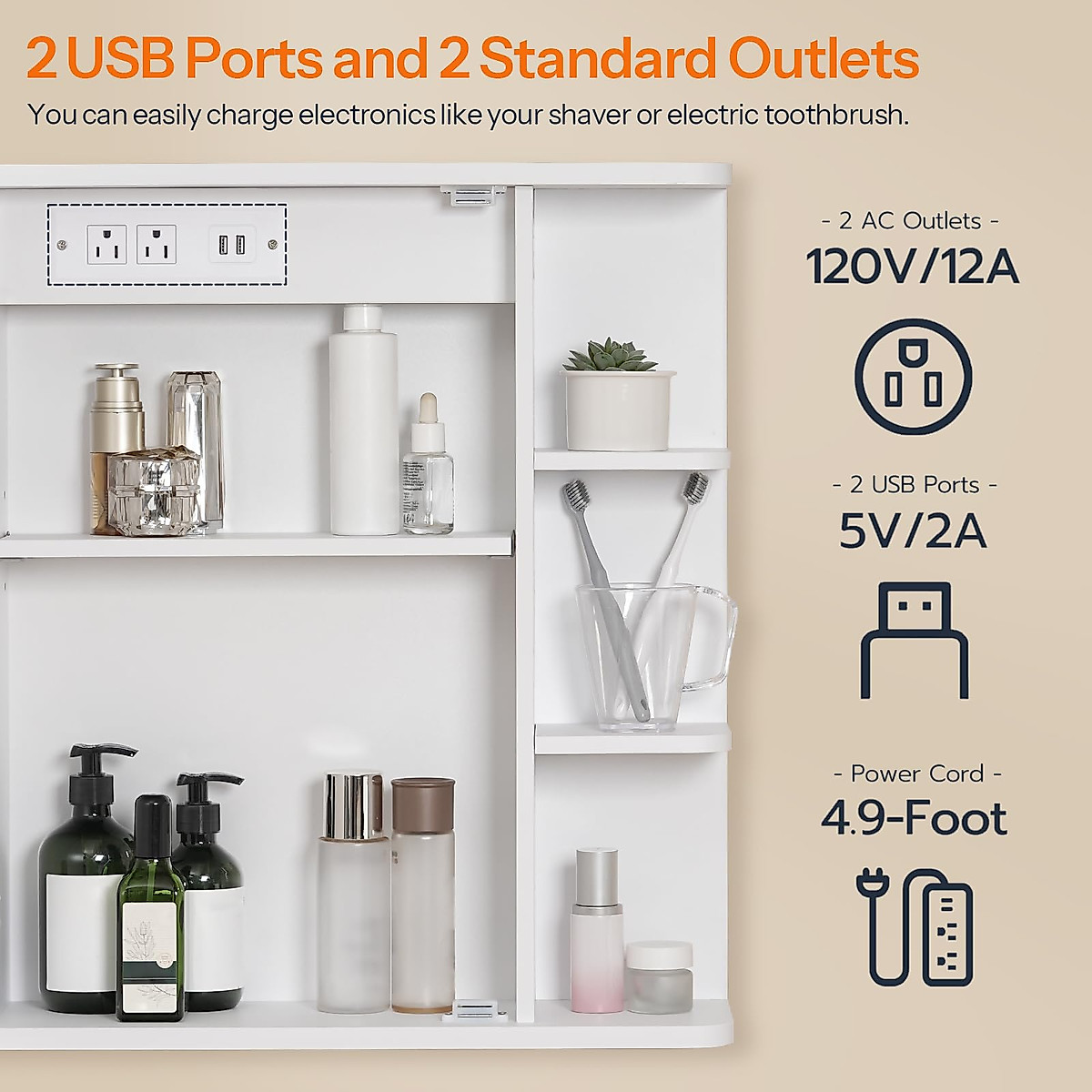 HOOBRO Bathroom Medicine Cabinet with Mirror, Wall-Mounted Cabinet with Storage, Lighted Medicine Cabinet with LED Lights, Charging Station, Adjustable Shelf, 5 Open Shelves, White