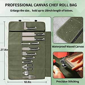 lelezone Chef Knife Roll Bag,Waterproof Waxed Canvas Knife Case Holds,Knives Roll Bags for Chefs Professional with Adjustable Strap,Chef Backpack with 11 Knife Slots and a Large Zippered Pocket