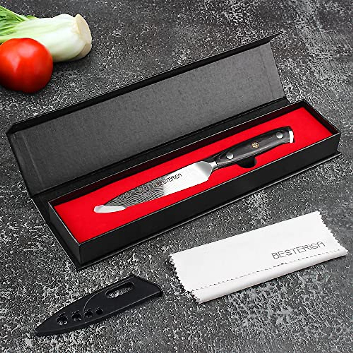 BESTERiSA Paring Knife -4 Inch Fruit Knife with Cover-High Carbon German Stainless Steel EN1.4116 Ultra Sharp Vegetable and Peeling Knif with Gift Box for Home Kitchen and Restaurant.
