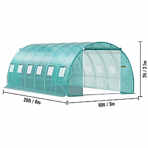 VEVOR Walk-in Tunnel Greenhouse, 20 x 10 x 7 ft Portable Plant Hot House w/Zippered Door, 12 Roll-up Windows, Galvanized Steel Hoops, 3 Top Beam, and 4 Diagonal Poles, Green
