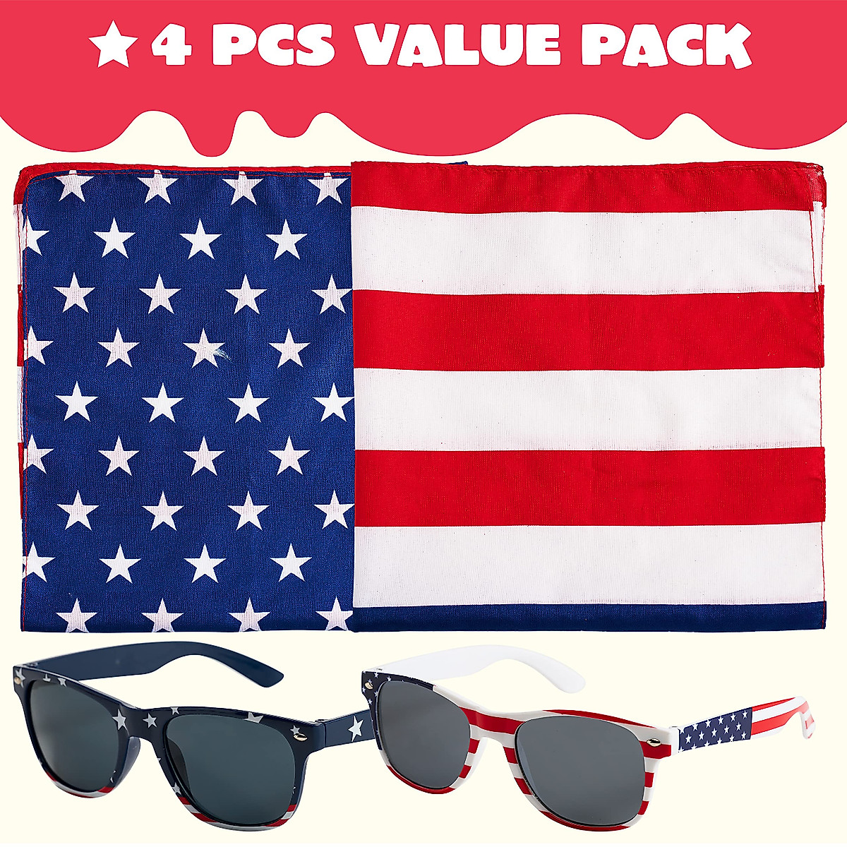 JOYIN 4 Pcs 4th of July Bandanas and Sunglasses, American Flag Bandana Patriotic Sunglasses for Men & Women, USA Bandana for July 4th Celebration, Independence Day, Memorial Day Party Accessories