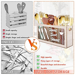 Wood Utensil Holder Caddy with Handle for Kitchen Countertop, LASZOLA 4 Compartments Wooden Utensil Crock Flatware Silverware Cutlery Storage Organizer for Farmhouse Countertop Decor