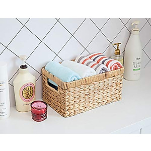 Natural Woven Water Hyacinth Wicker Rectangular Storage Bin Basket with Handles, Small