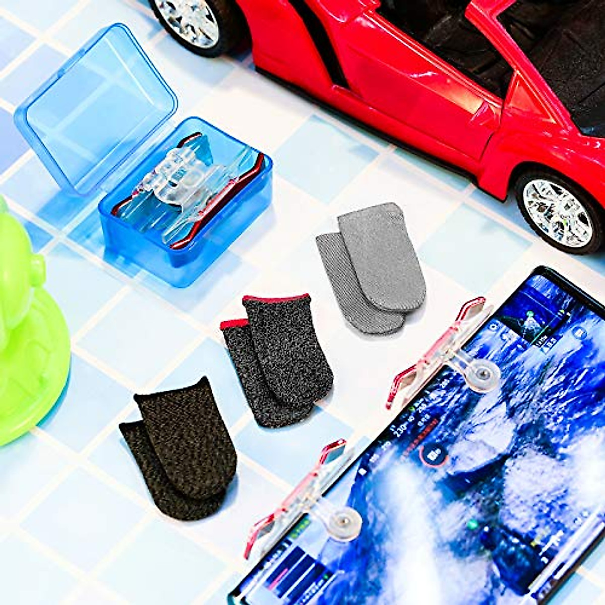 18 Pieces Mobile Gaming Finger Sleeves Touchscreen Finger Sleeve Anti-Sweat Breathable Finger Sleeve and 4 Pieces Aim Buttons for Playing Mobile Phone Games