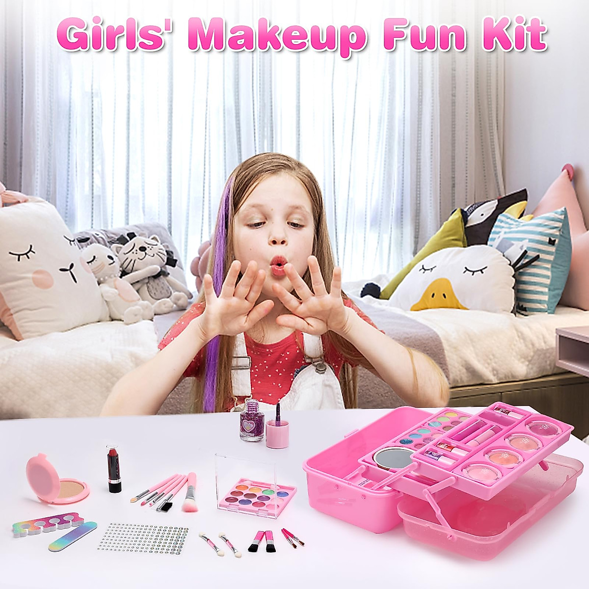 Anpro Kids Makeup Kit for Girl - 68PCS Safe & Washable Makeup for Girls,Play Real Makeup Girls Toys,Make Up for Little Girls,Non-Toxic Makeup kit,Valentines Day Gifts for Children Age 3-12 (Pink)